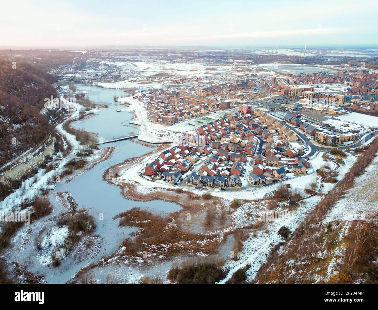 Aerial drone. Ebbsfleet garden city in Kent, covered in snow in ...