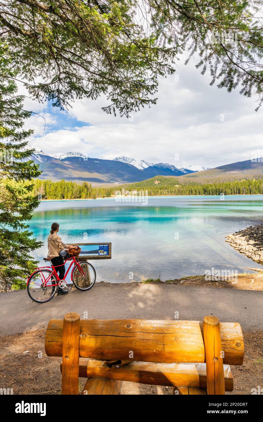 Alberta, Canada - May 9 2021 : Young girl cycling in Lake Annette ...