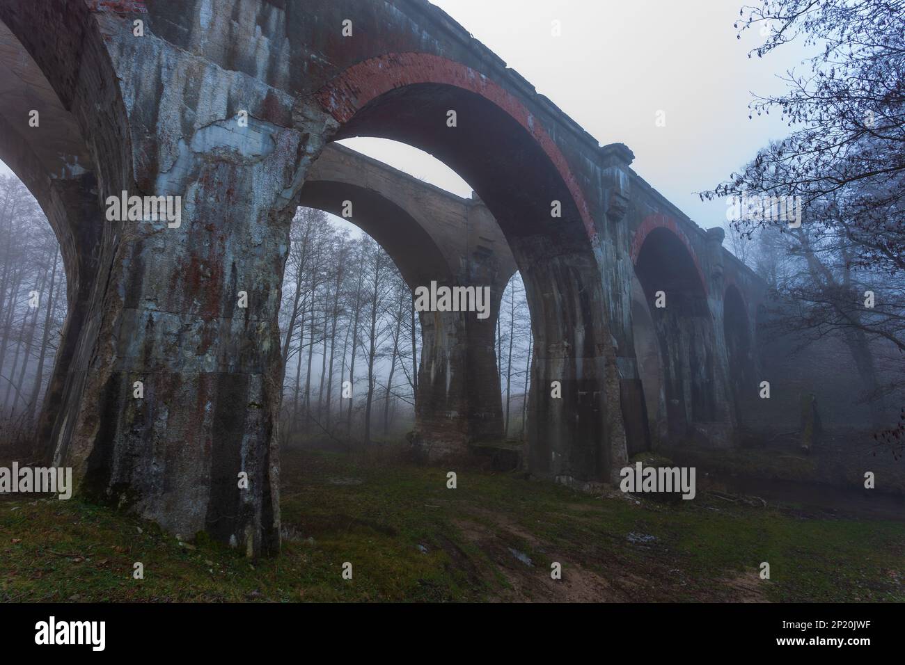 Old concrete railway bridge in Stanczyki. Foggy morning. Mazury, Poland ...