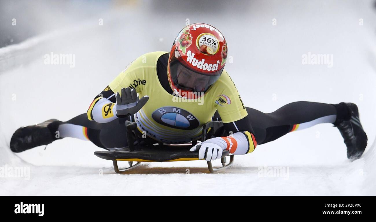 German Skeleton racer Tina Hermann celebrates after she won the the ...