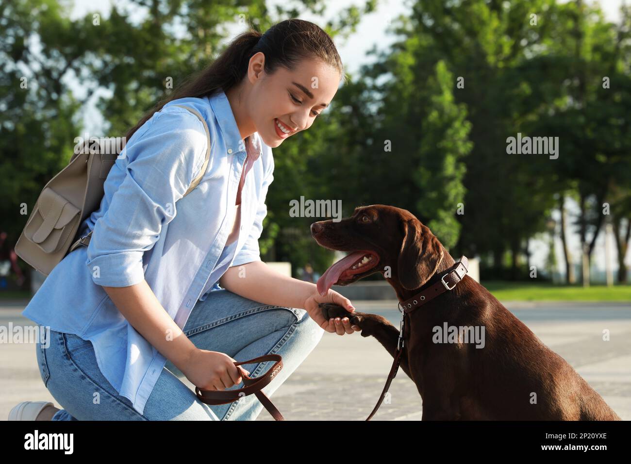 Young woman with her German Shorthaired Pointer dog on city street ...