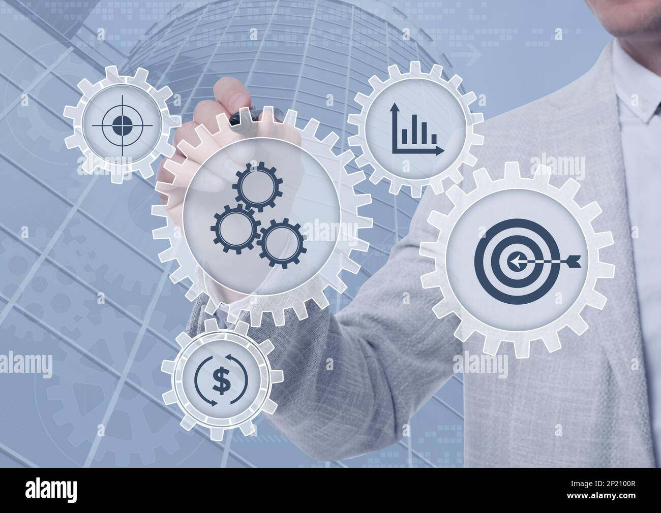 Business process. Man touching virtual screen with different icons ...