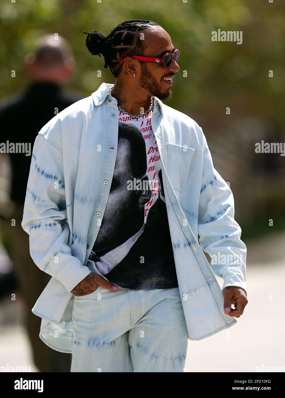 Mercedes' Lewis Hamilton arrives at the Bahrain International Circuit ...