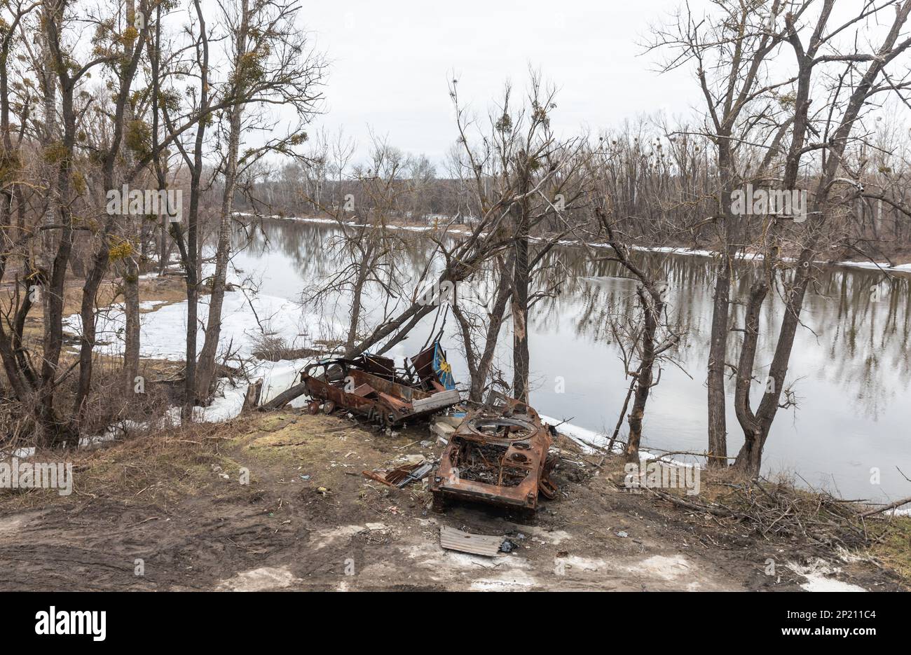 Devastation of war: burnt tank and destroyed trees in Bogorodichne ...