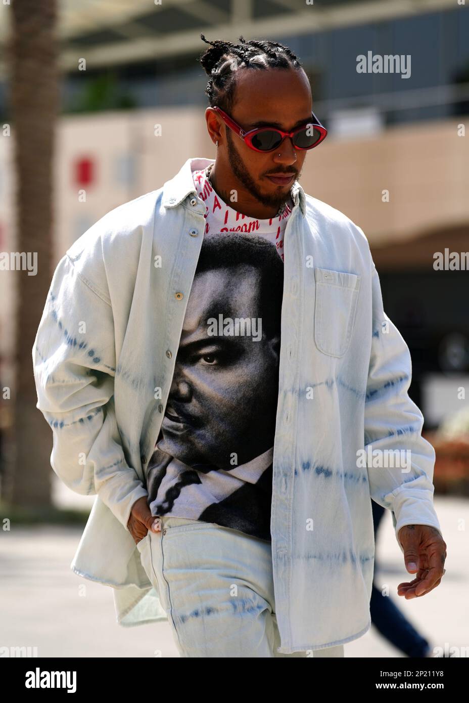 Mercedes' Lewis Hamilton arrives at the Bahrain International Circuit ...