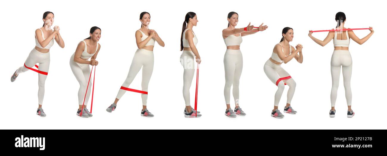 Woman doing sportive exercises with fitness elastic band on white ...
