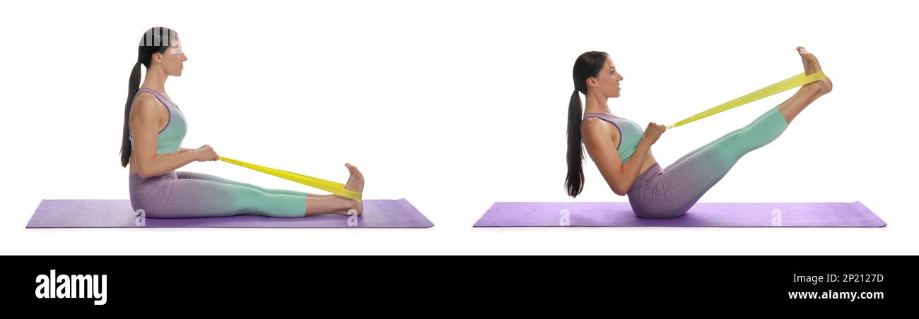 Woman doing sportive exercises with fitness elastic band on white ...