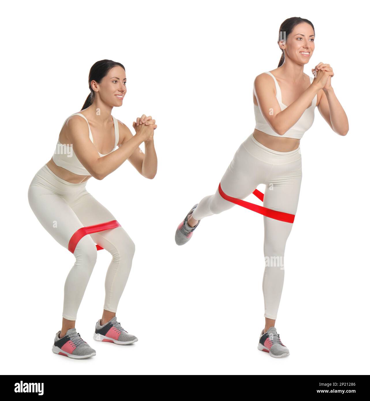 Woman doing sportive exercises with fitness elastic band on white ...