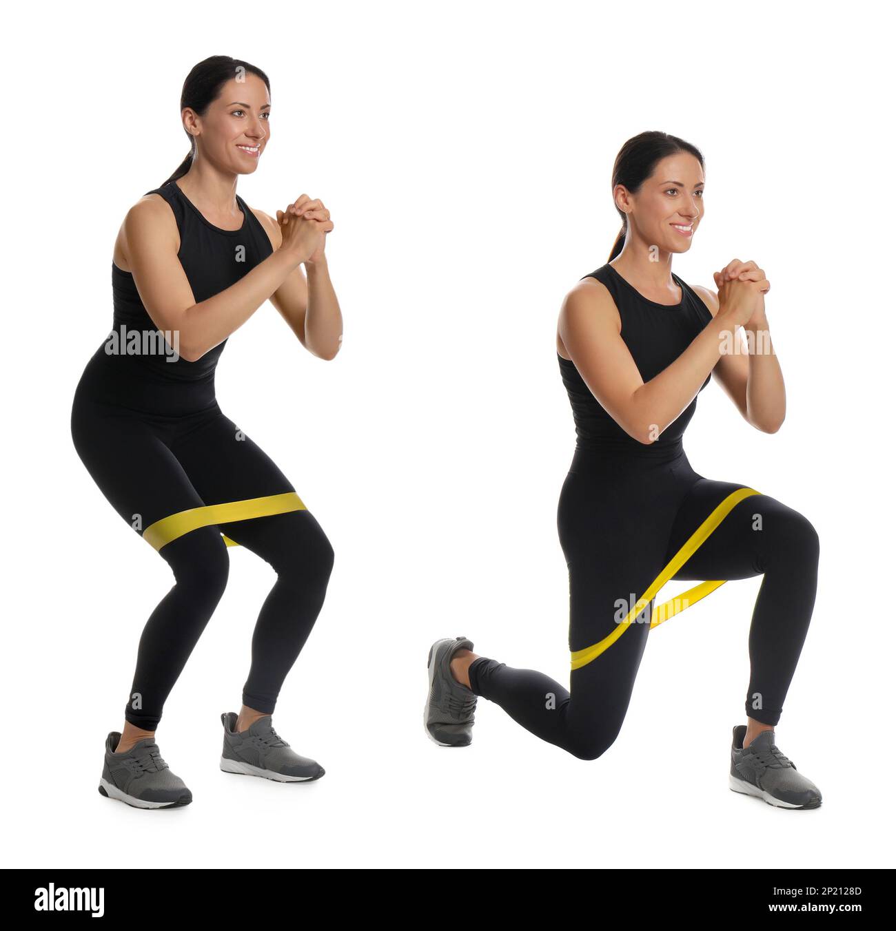Woman doing sportive exercises with fitness elastic band on white ...