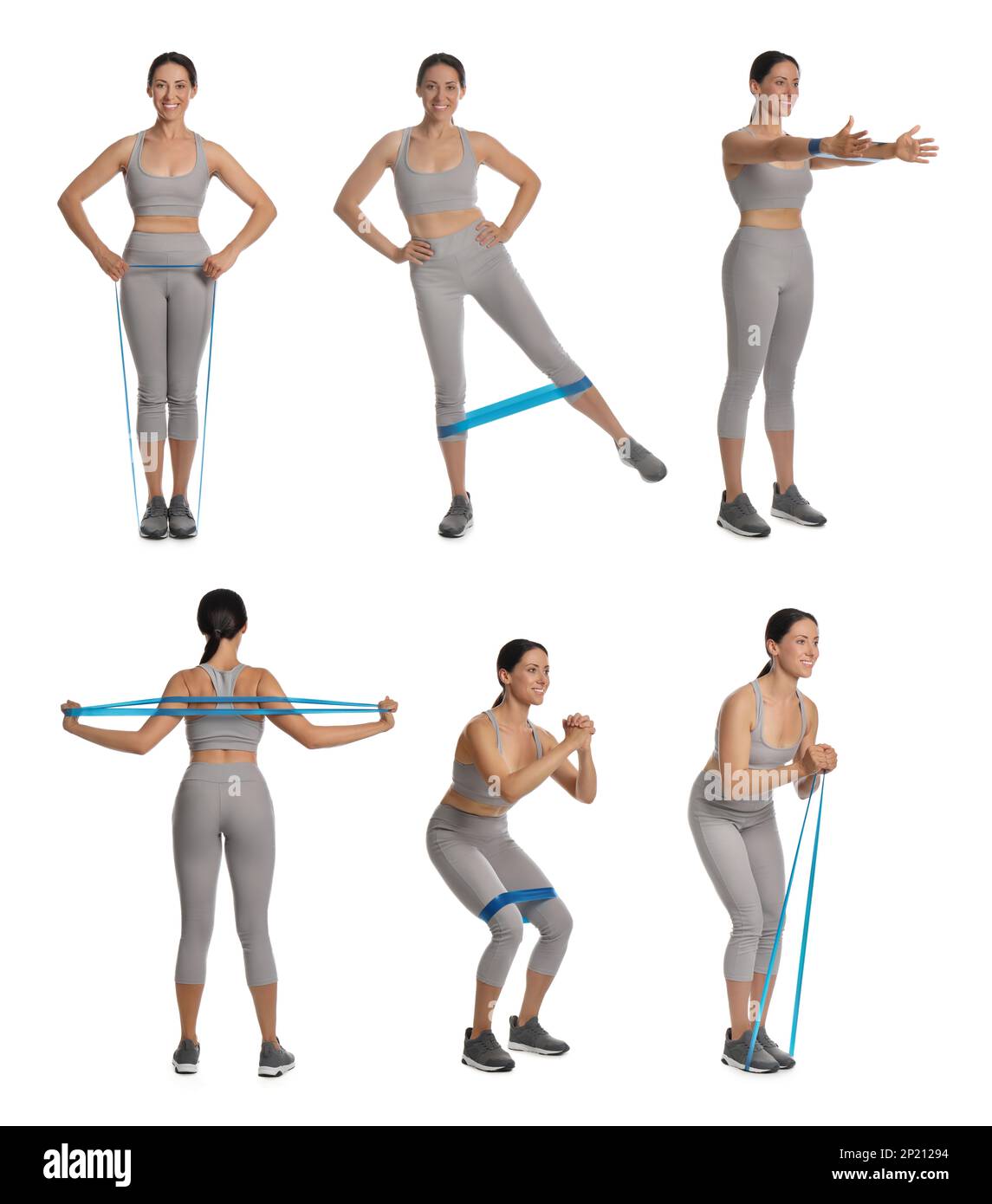 Woman doing sportive exercises with fitness elastic band on white ...