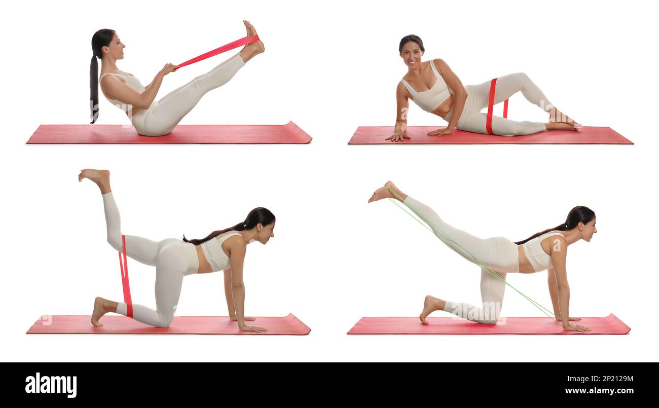 Woman doing sportive exercises with fitness elastic band on white ...