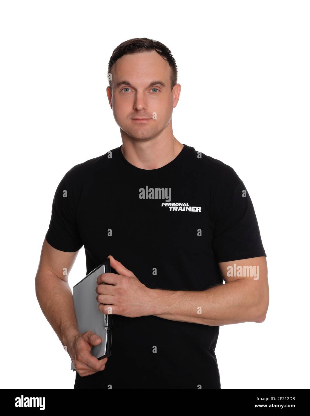 Personal trainer with clipboard on white background. Gym instructor ...