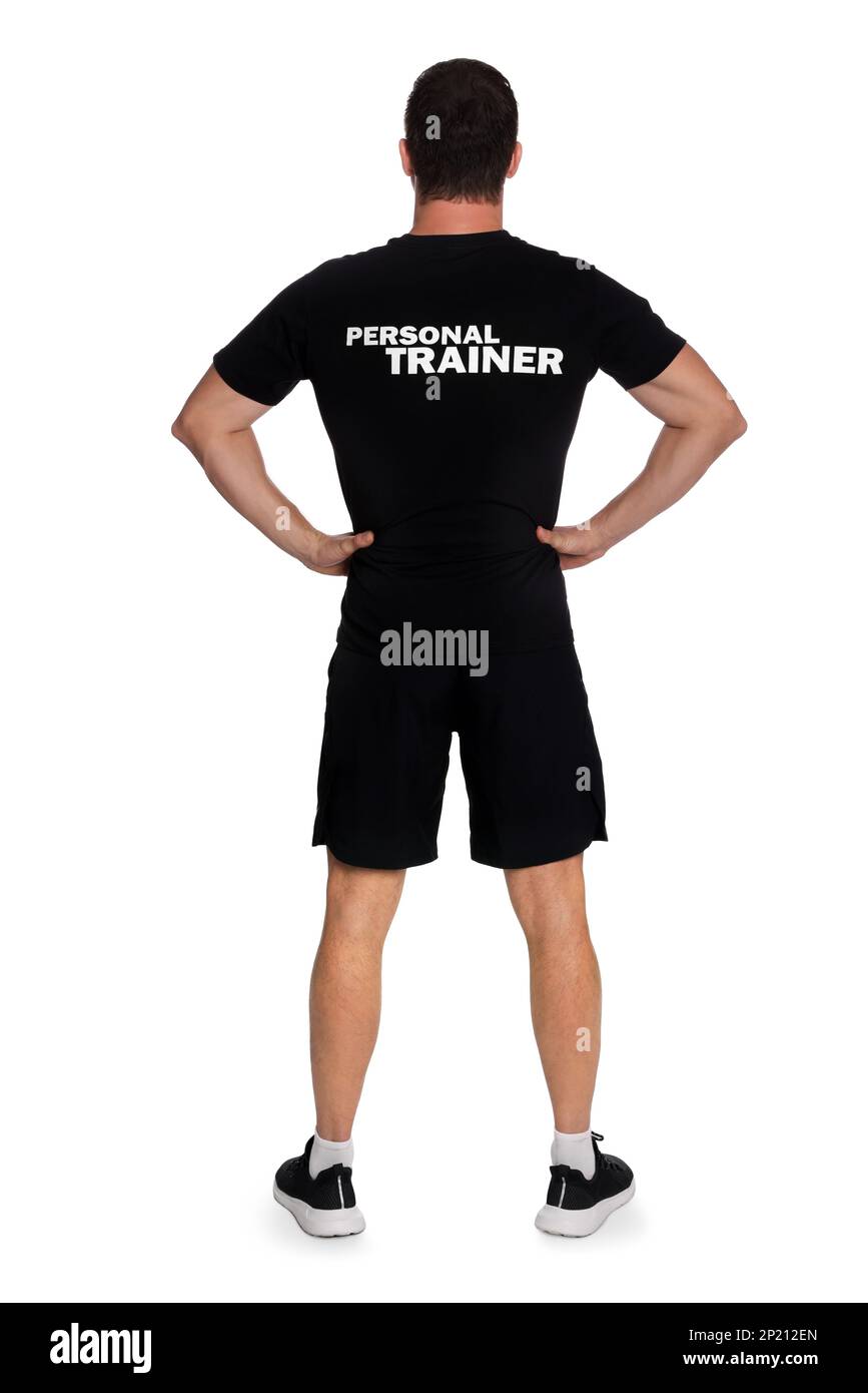 Personal trainer on white background, back view. Gym instructor Stock ...