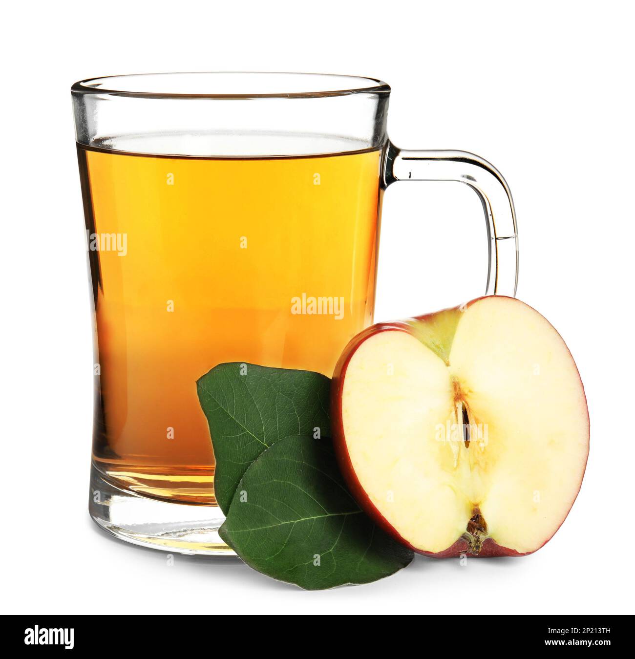 Glass mug with delicious cider, piece of ripe apple and leaves on white ...