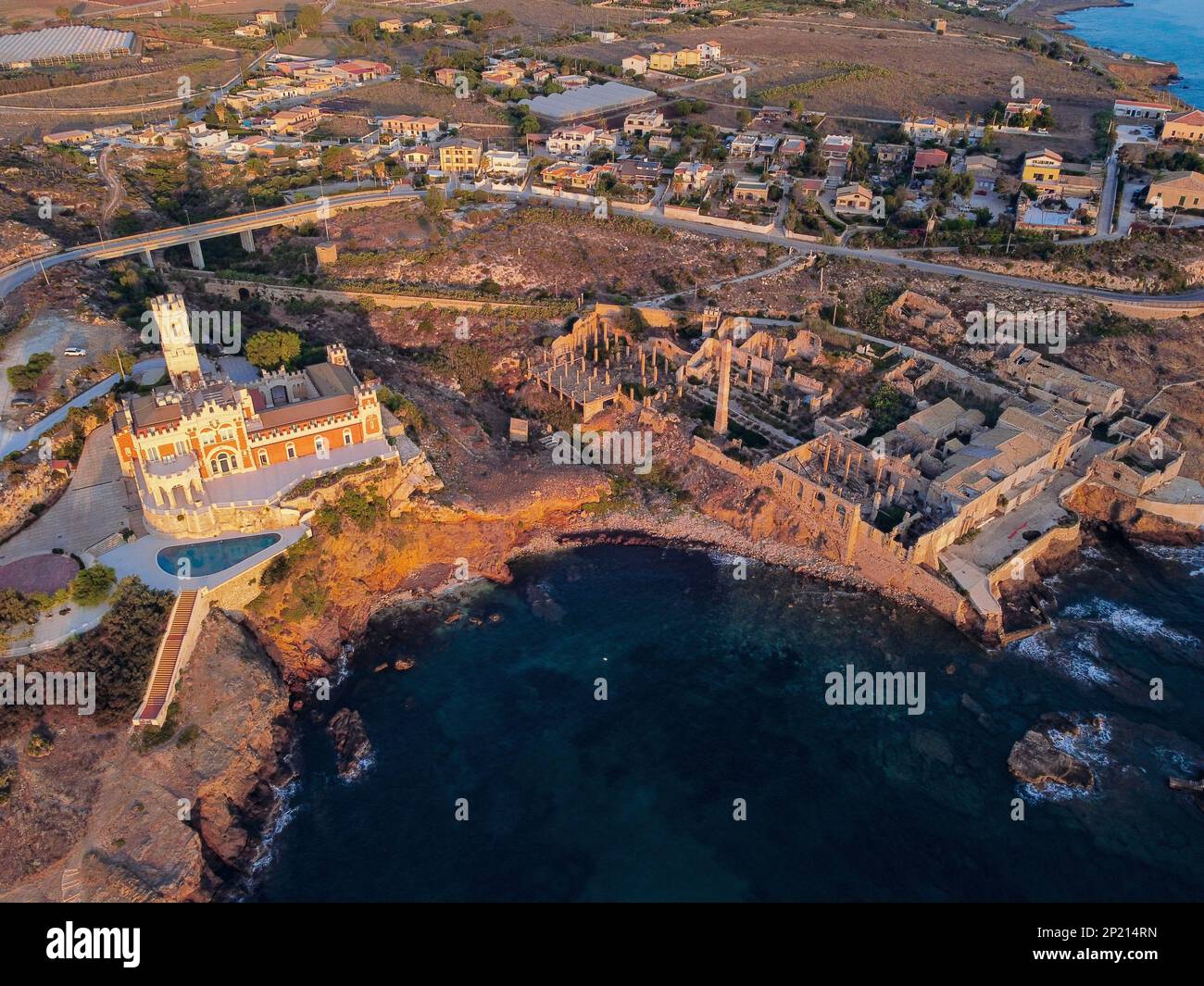 Aerial drone. Rocky coastline and island at Portopalo di Capo Passero ...