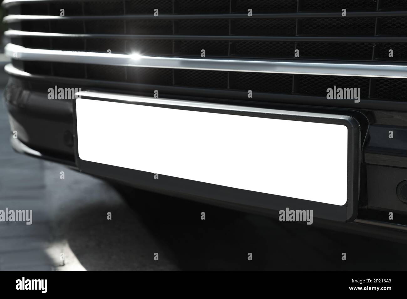Car with vehicle registration plate outdoors, closeup. Mockup for ...