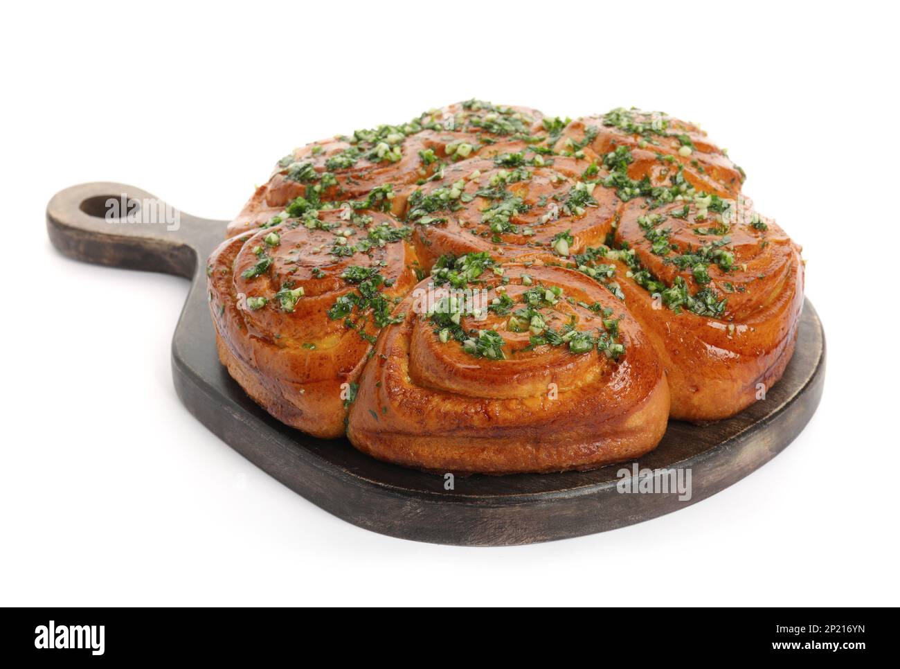 Traditional Ukrainian garlic bread with herbs (Pampushky) isolated on ...