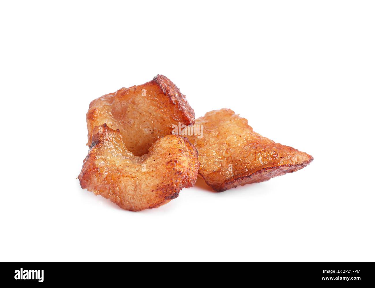 Tasty fried cracklings on white background. Cooked pork lard Stock ...