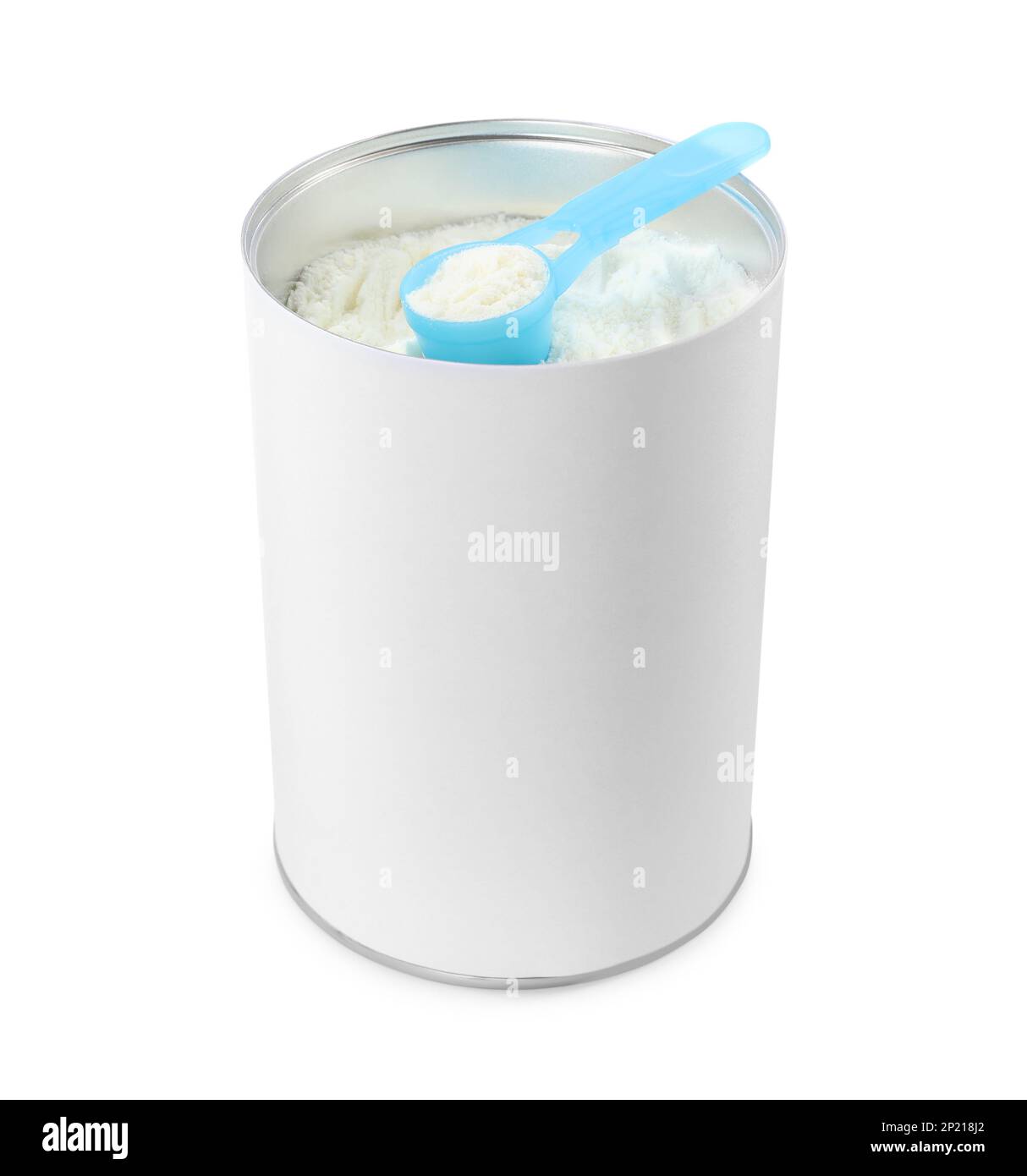 Blank can of powdered infant formula with scoop isolated on white ...