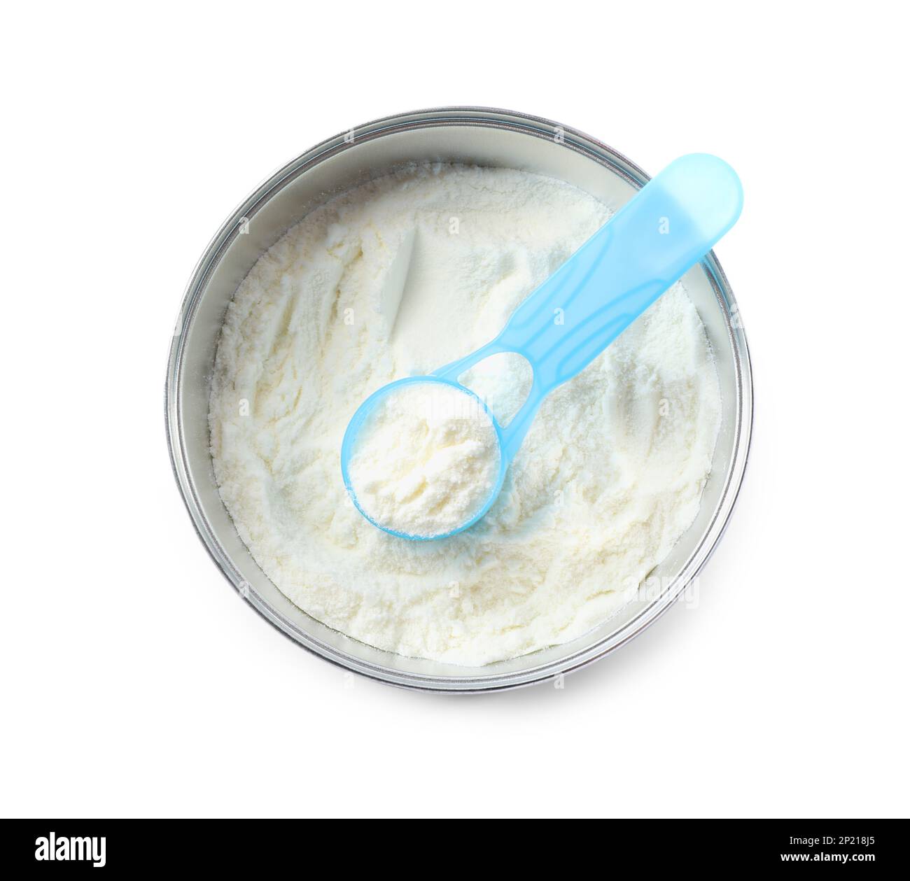Can of powdered infant formula with scoop isolated on white, top view ...