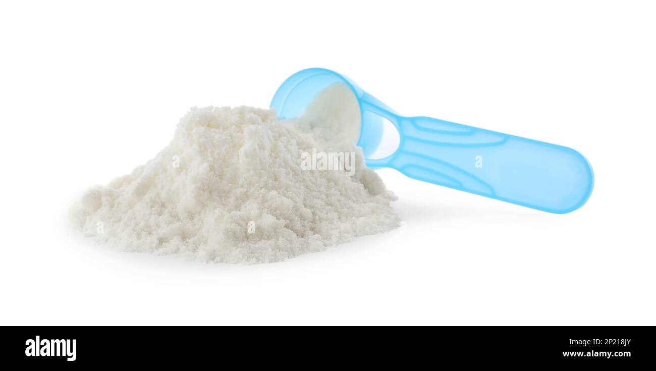 Powdered infant formula and scoop on white background. Baby milk Stock ...