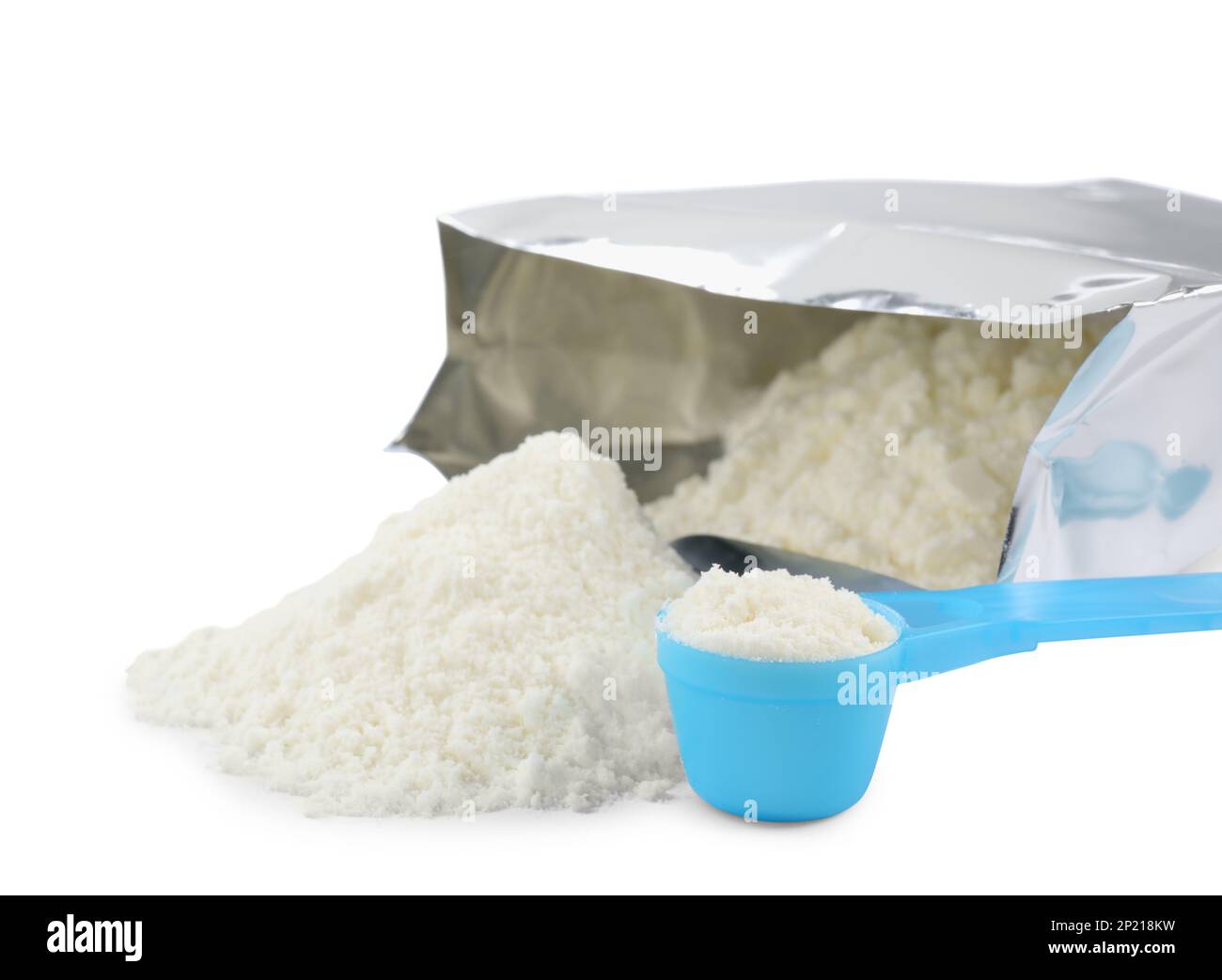 Bag of powdered infant formula and scoop on white background. Baby milk ...