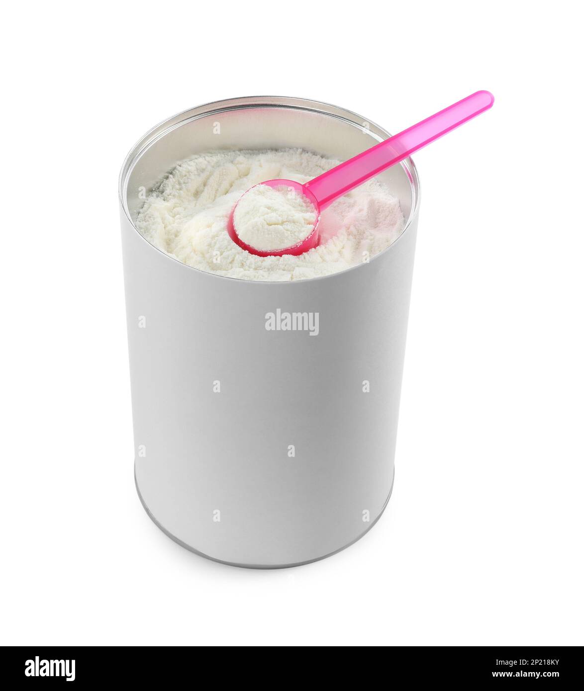 Blank can of powdered infant formula with scoop isolated on white ...