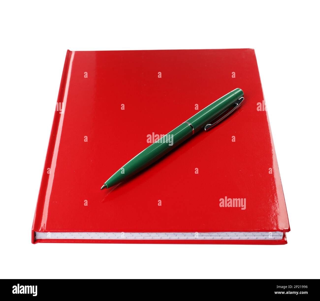New red planner with pen isolated on white Stock Photo - Alamy