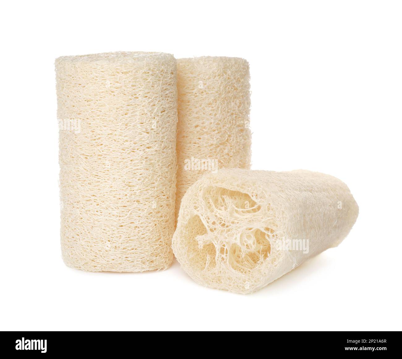 Natural shower loofah sponges on white background Stock Photo - Alamy