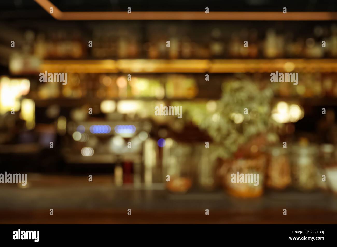 Blurred view of stylish modern bar interior with bokeh effect Stock ...