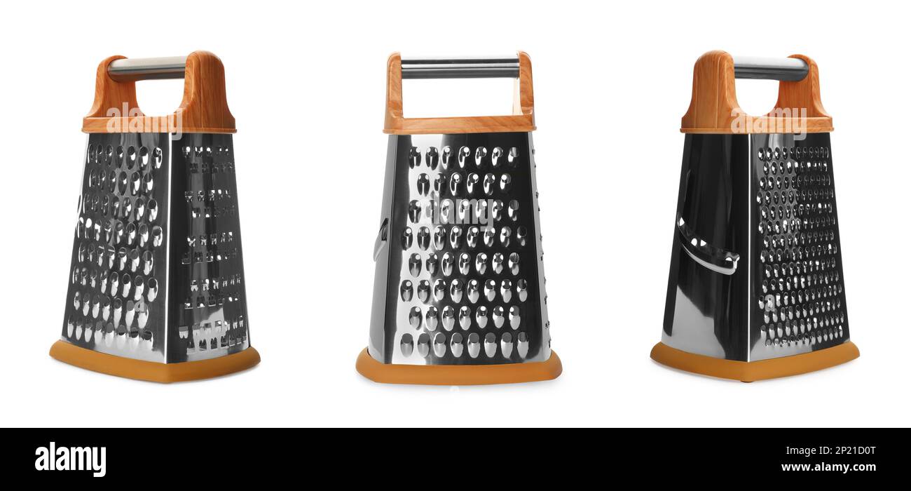 Stainless steel graters on white background, collage. Banner design ...