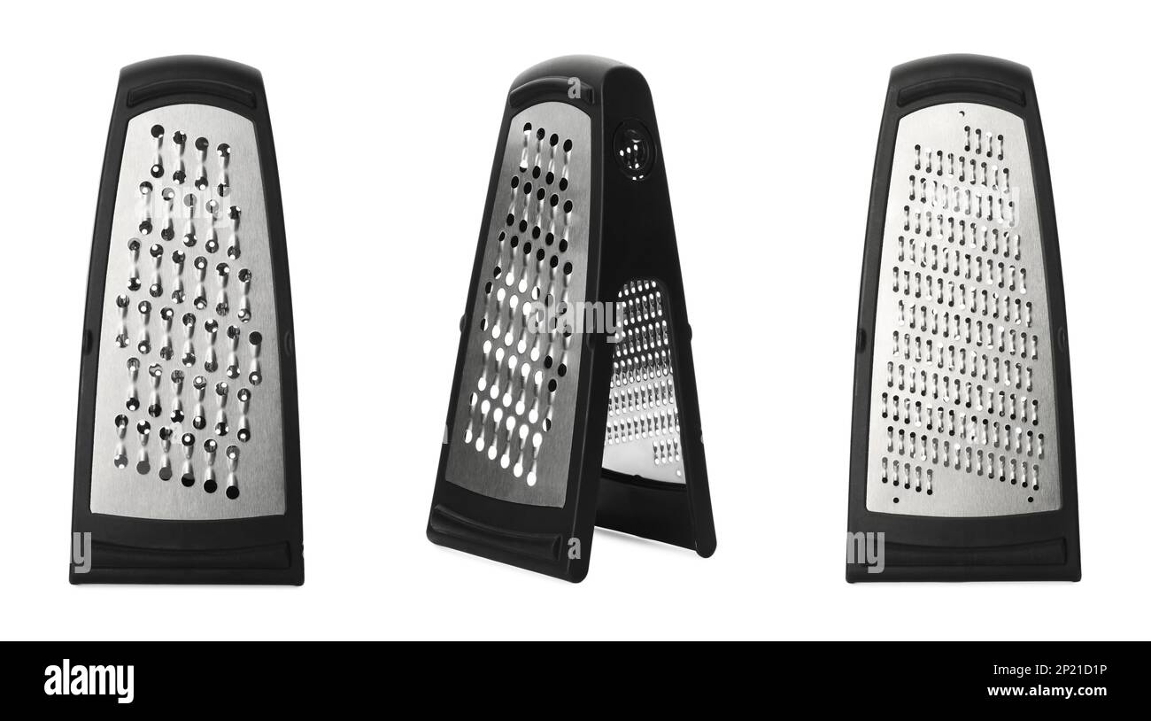 Stainless steel graters on white background, collage. Banner design ...