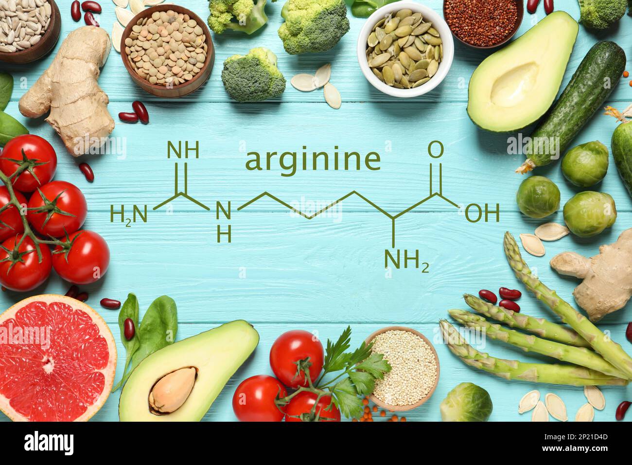 Frame of fresh vegetables, fruits and seeds on blue wooden table, flat ...