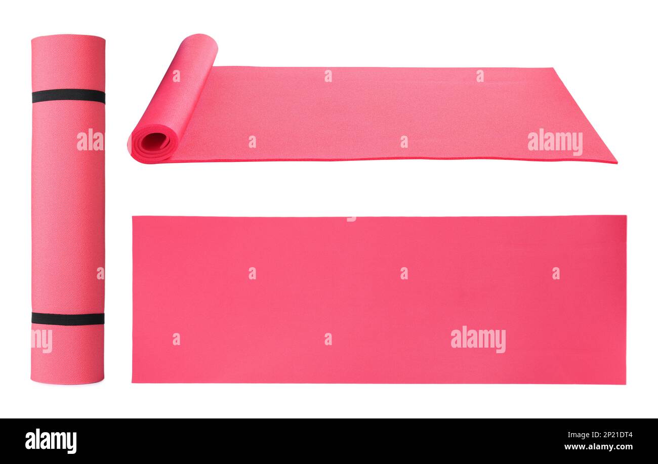 Set with pink camping mats on white background Stock Photo - Alamy