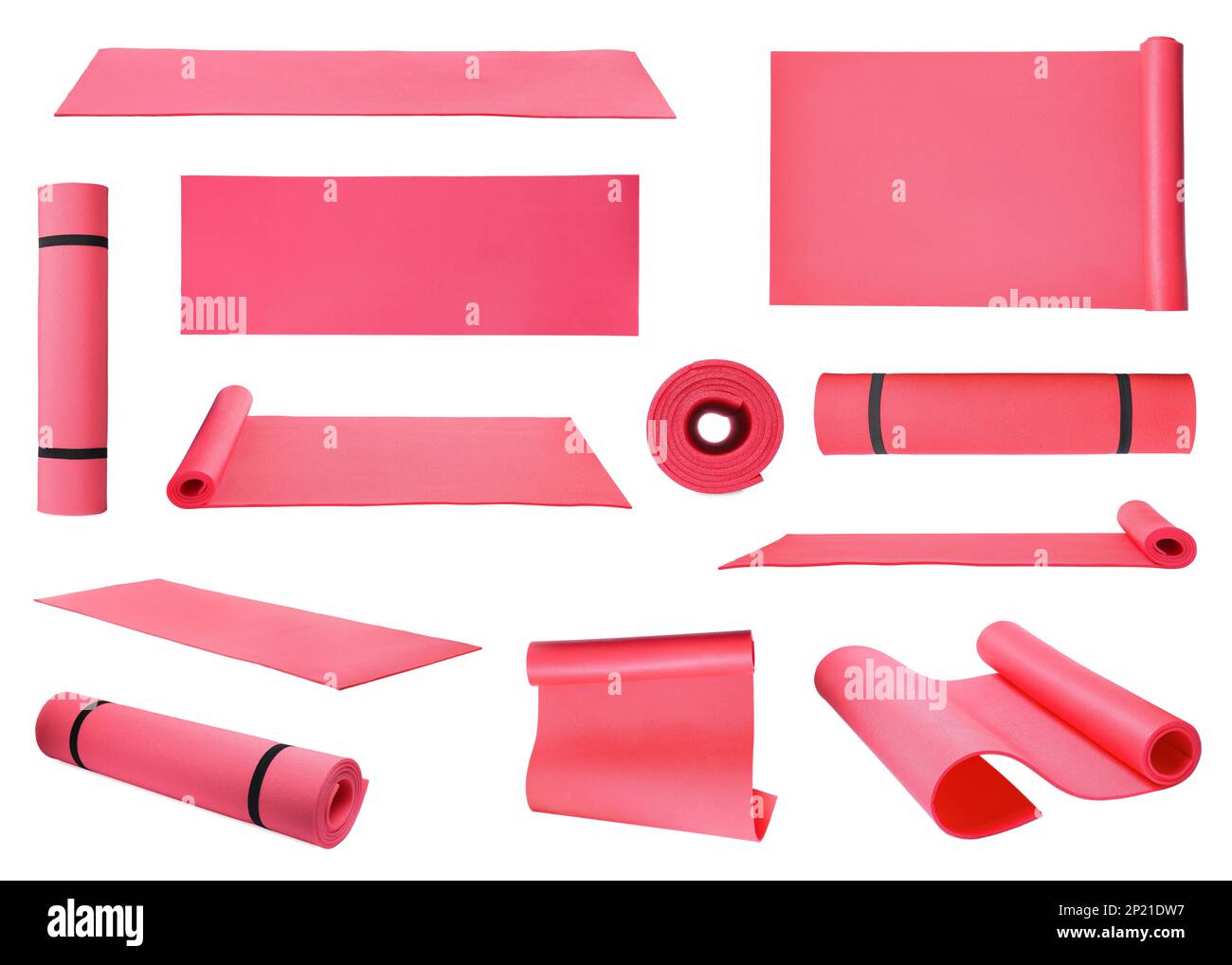 Set with pink camping mats on white background Stock Photo - Alamy