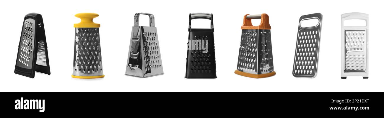 Set with different graters on white background. Banner design Stock ...
