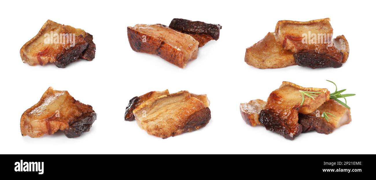 Set with tasty fried pork lard on white background. Banner design Stock ...