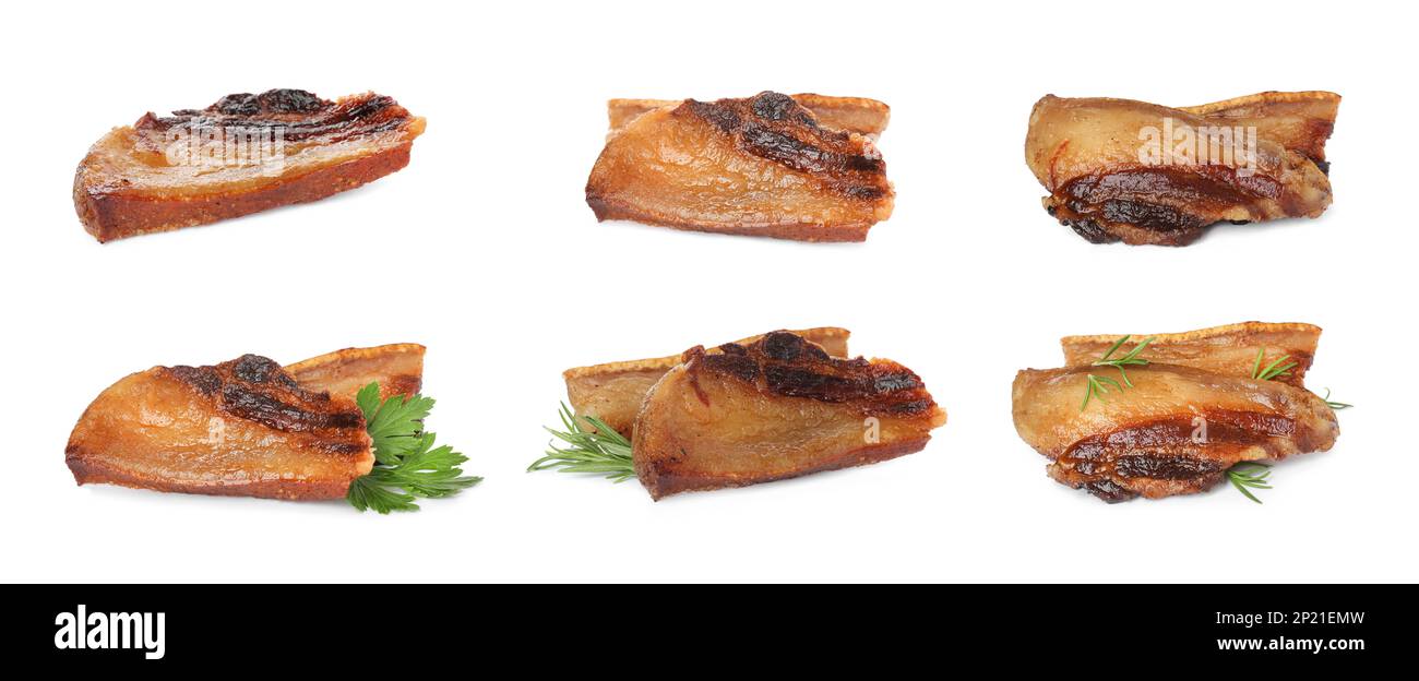 Set with tasty fried pork lard on white background. Banner design Stock ...