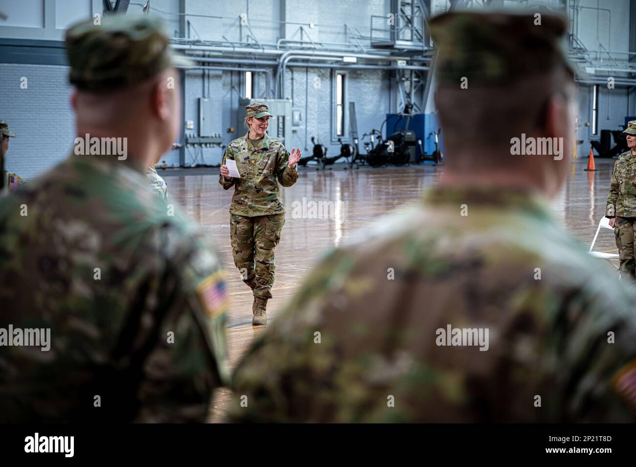 U.S. Army Maj. Emily Hein addresses the formation of Soldiers assigned ...