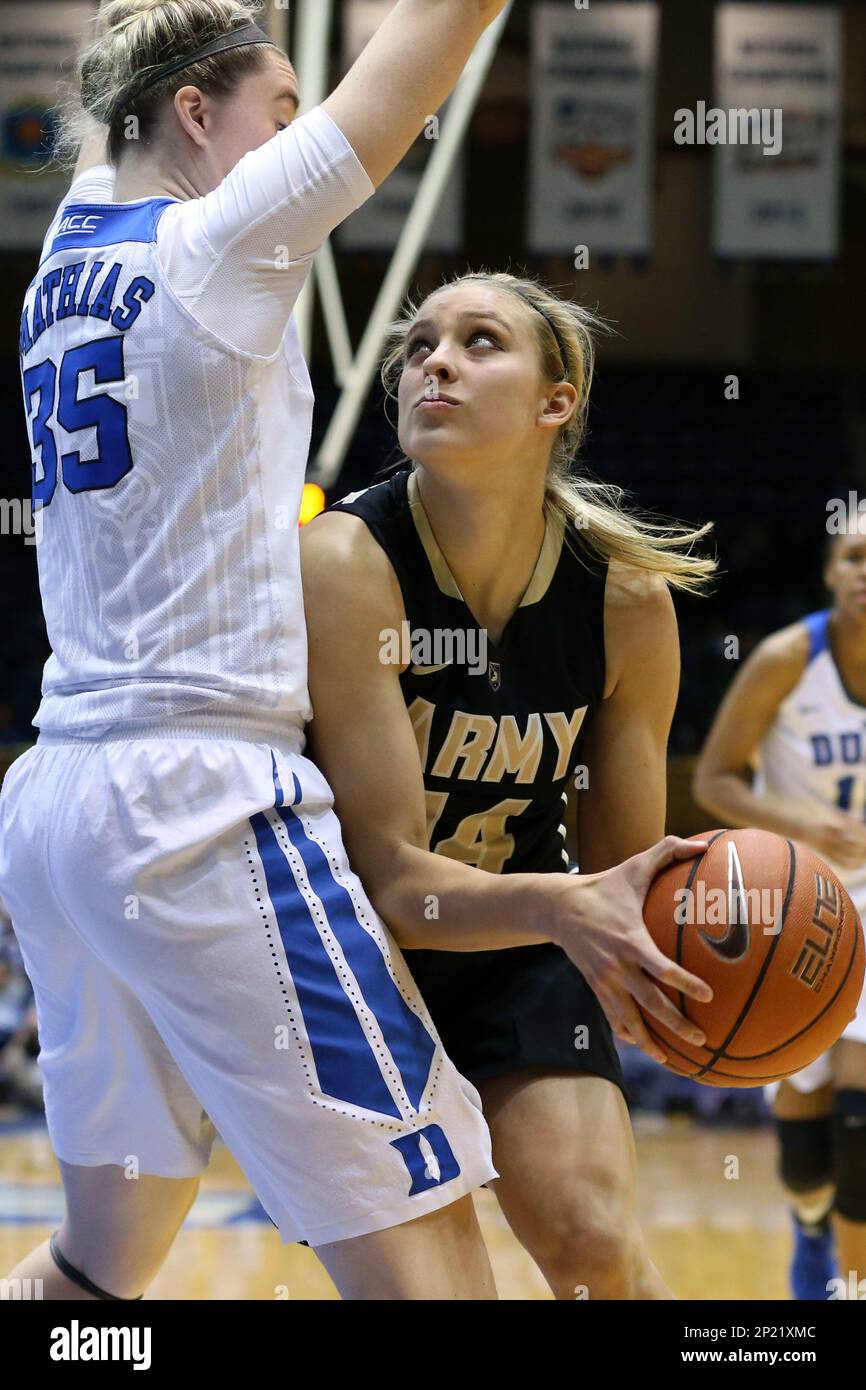 22 November 2015: Duke's Erin Mathias (35) defends against Army's ...