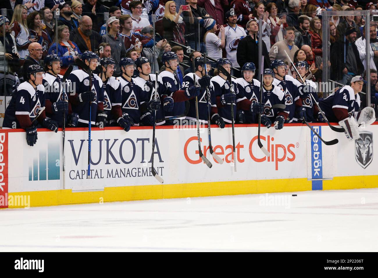 Colorado Avalanche players on the bench during the NHL regular season ...