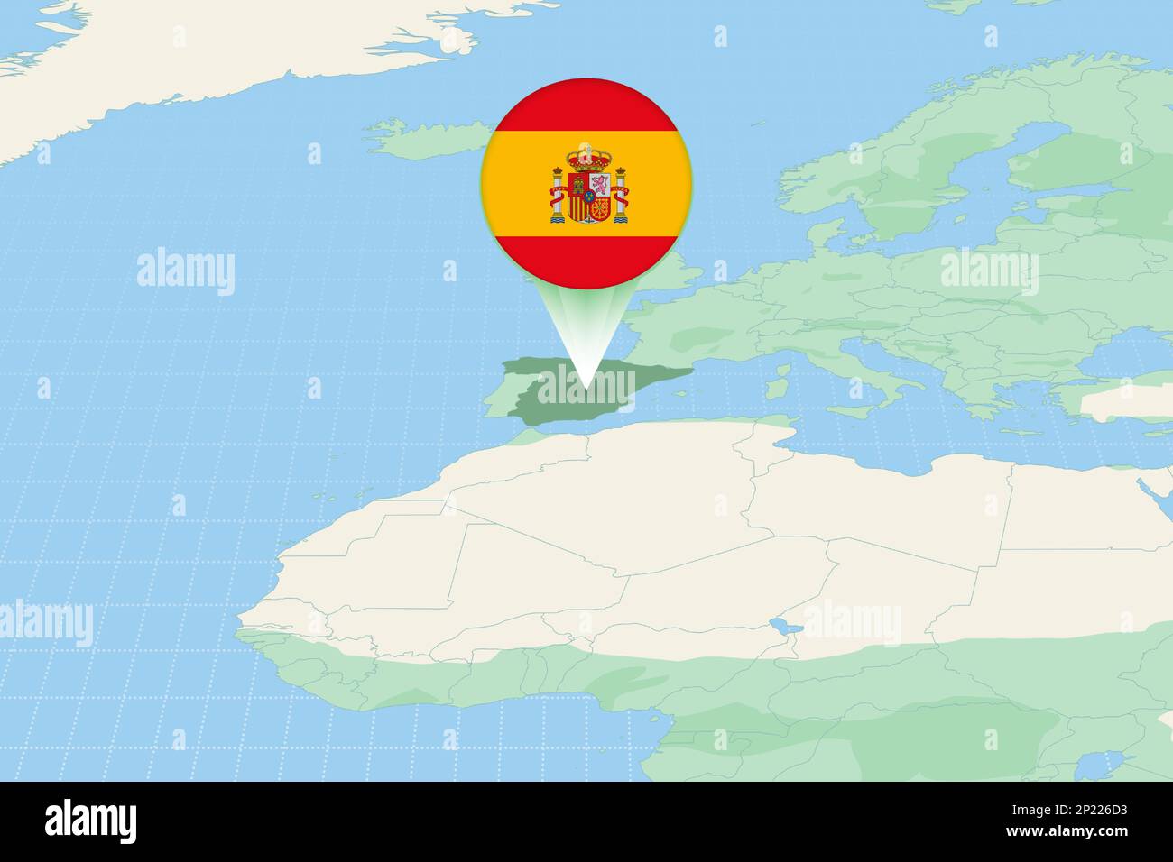 Map illustration of Spain with the flag. Cartographic illustration of Spain and neighboring ...