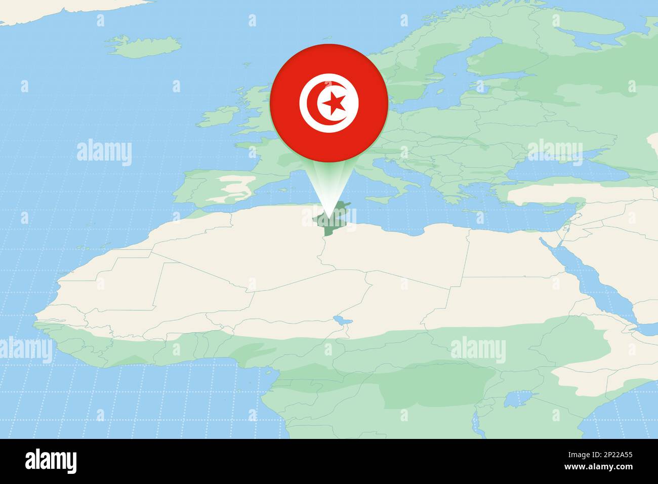 Map illustration of Tunisia with the flag. Cartographic illustration of Tunisia and neighboring ...