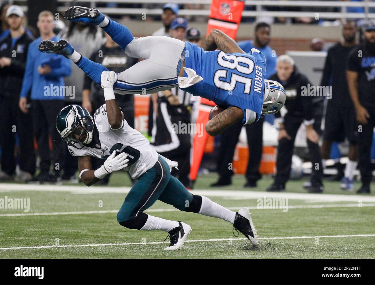 Detroit Lions tight end Eric Ebron (85) is upended by Philadelphia ...