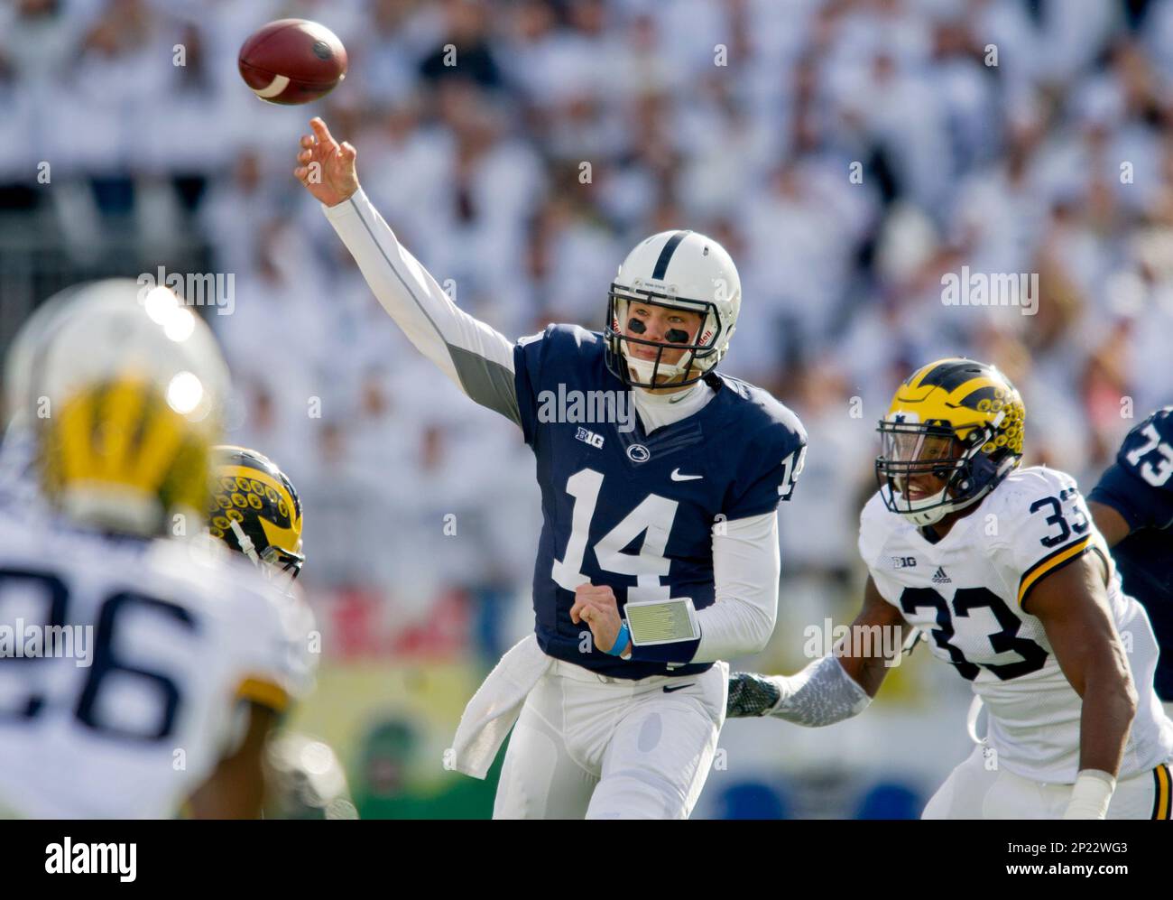 Penn State quarterback Christian Hackenberg makes a pass over Michigan ...