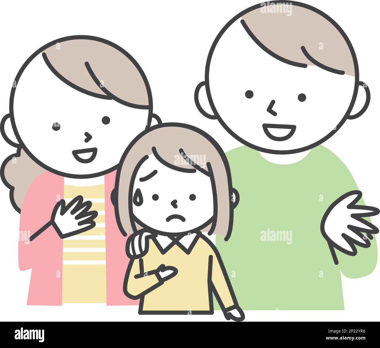 A girl with an uneasy expression and her parents encouraging her ...