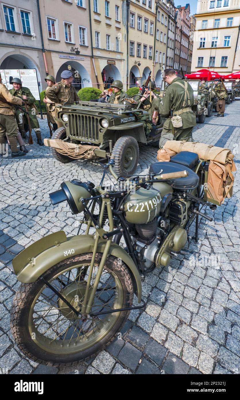 BSA M20 British motorcycle, Jeep on display, reenactors, before ...