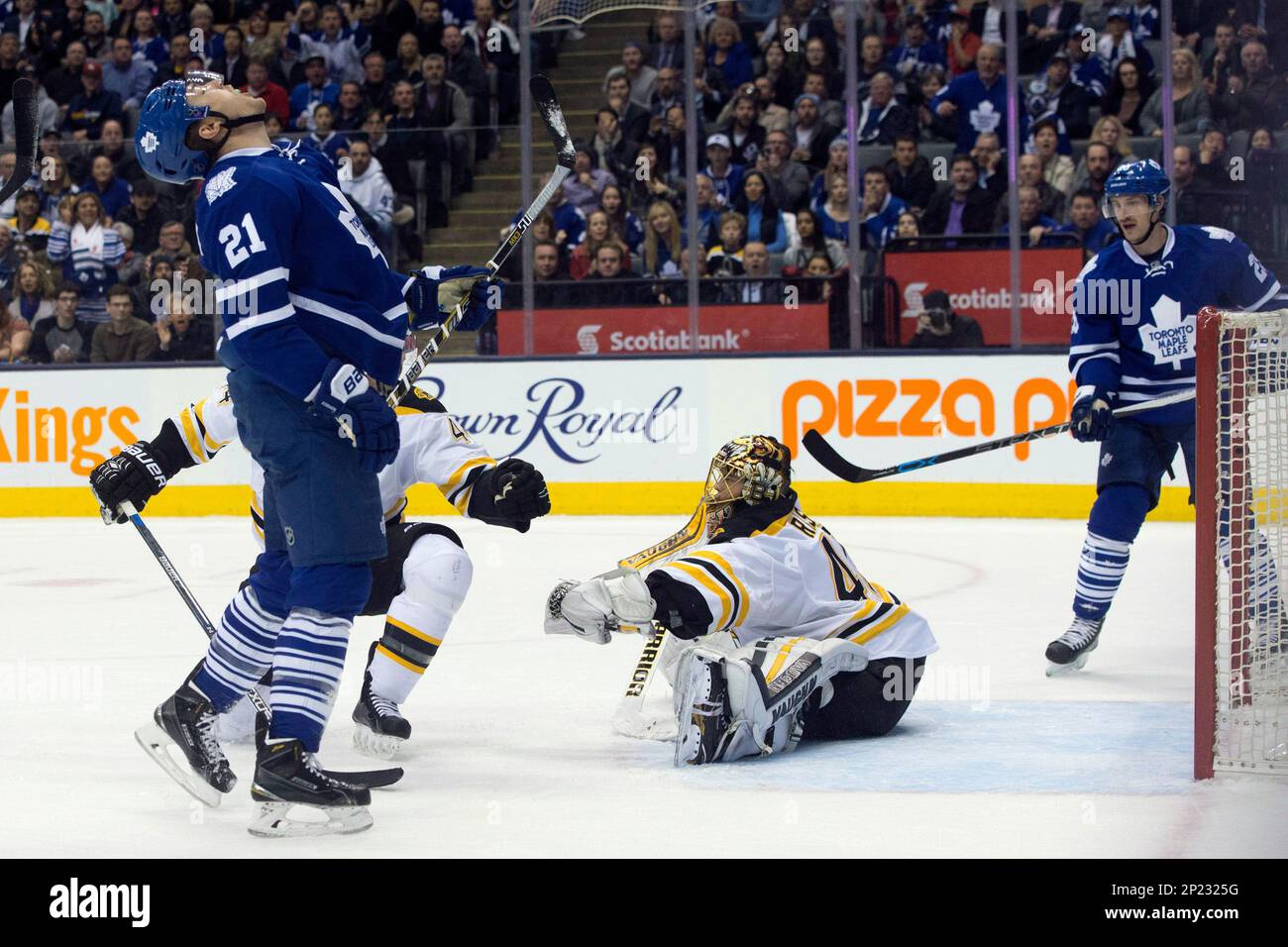 Toronto Maple Leafs James van Riemsdyk, left, reacts after Boston ...