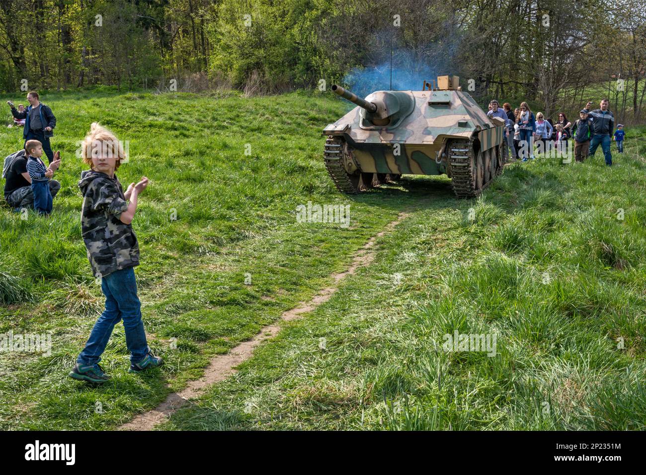 Young boy guiding Jagdpanzer 38 Hetzer, German light tank destroyer ...