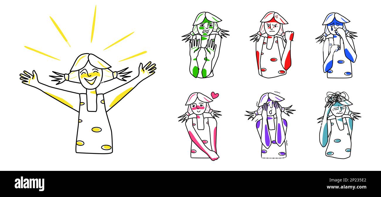 Young girl character emotions set. Happiness, disgust and anger ...